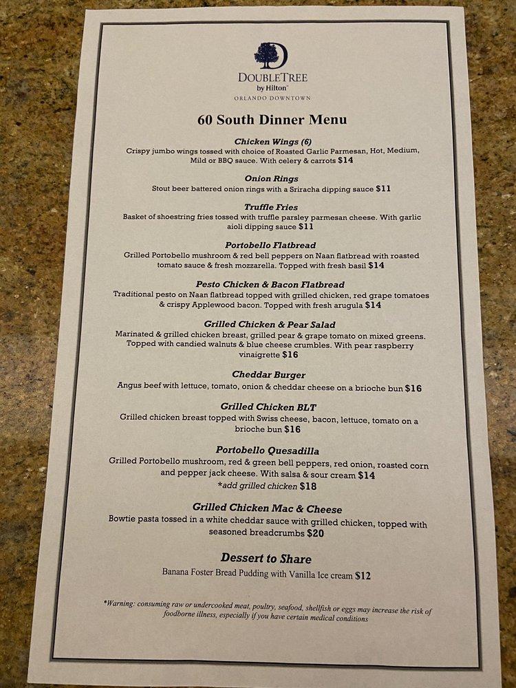 Menu at Sixty South Restaurant and Bar, Orlando