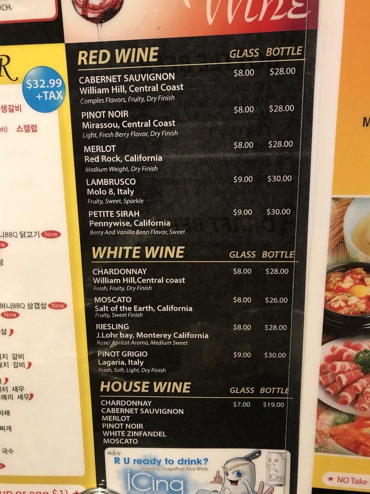 Menu at Wang Cho Korean BBQ, Riverside