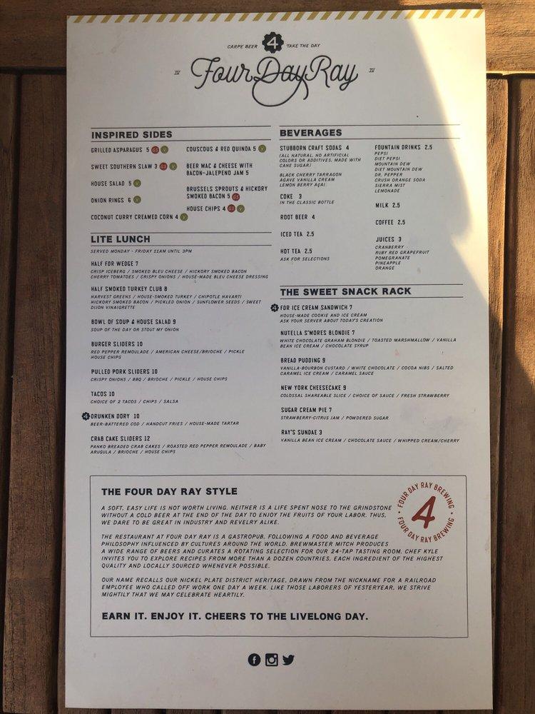 Menu at Four Day Ray Brewing pub & bar, Fishers