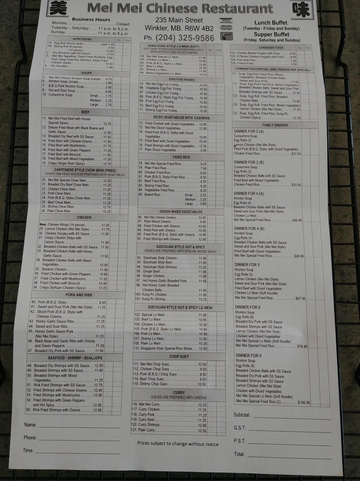 Menu at Mei Mei Chinese Restaurant, Winkler