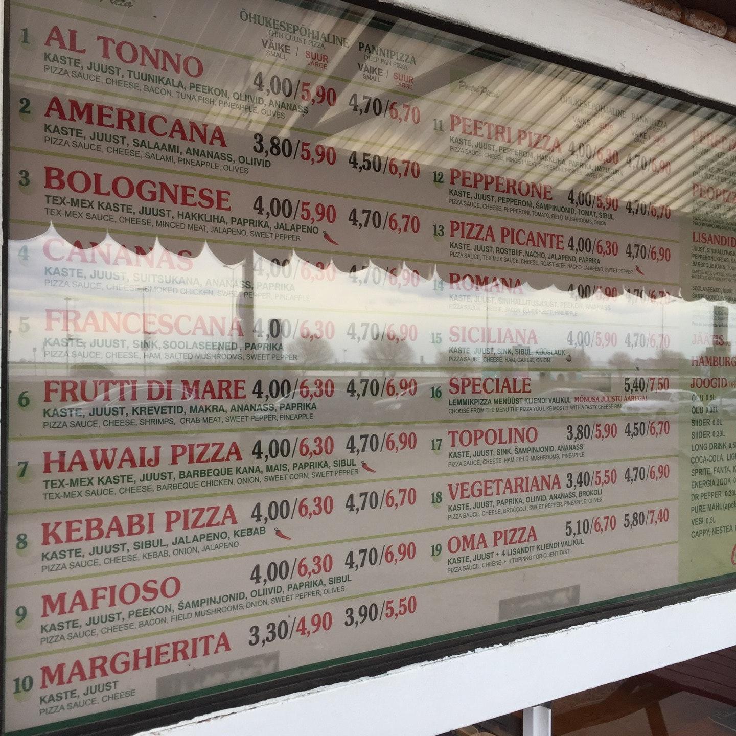 Menu at Peetri Pizza pizzeria, Tallinn, Pirita tee 26