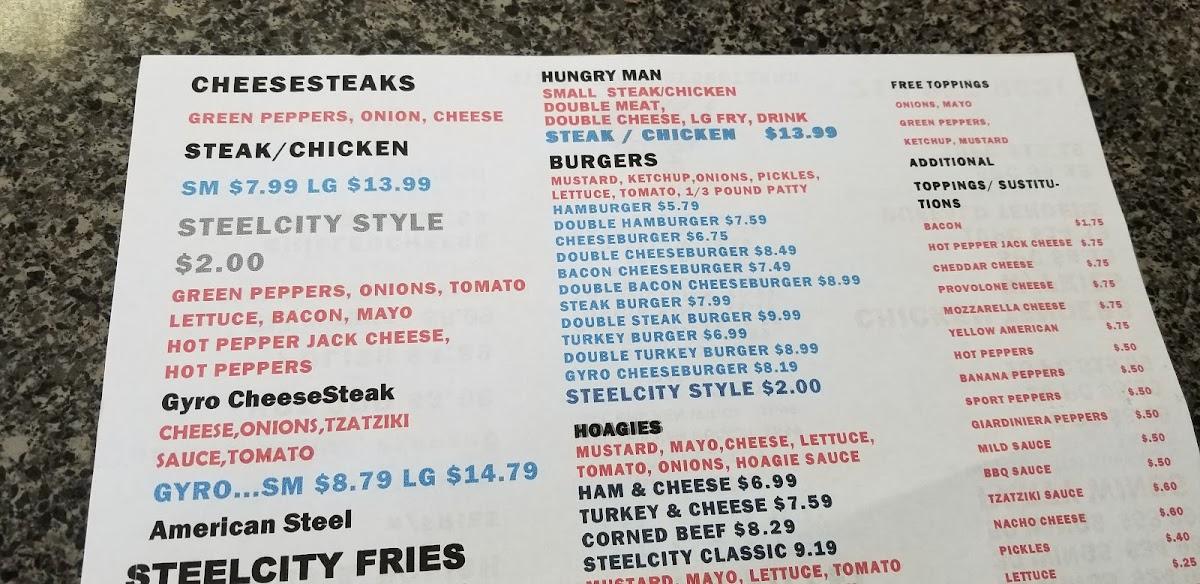 Menu at SteelCity CheeseSteaks restaurant, Gary