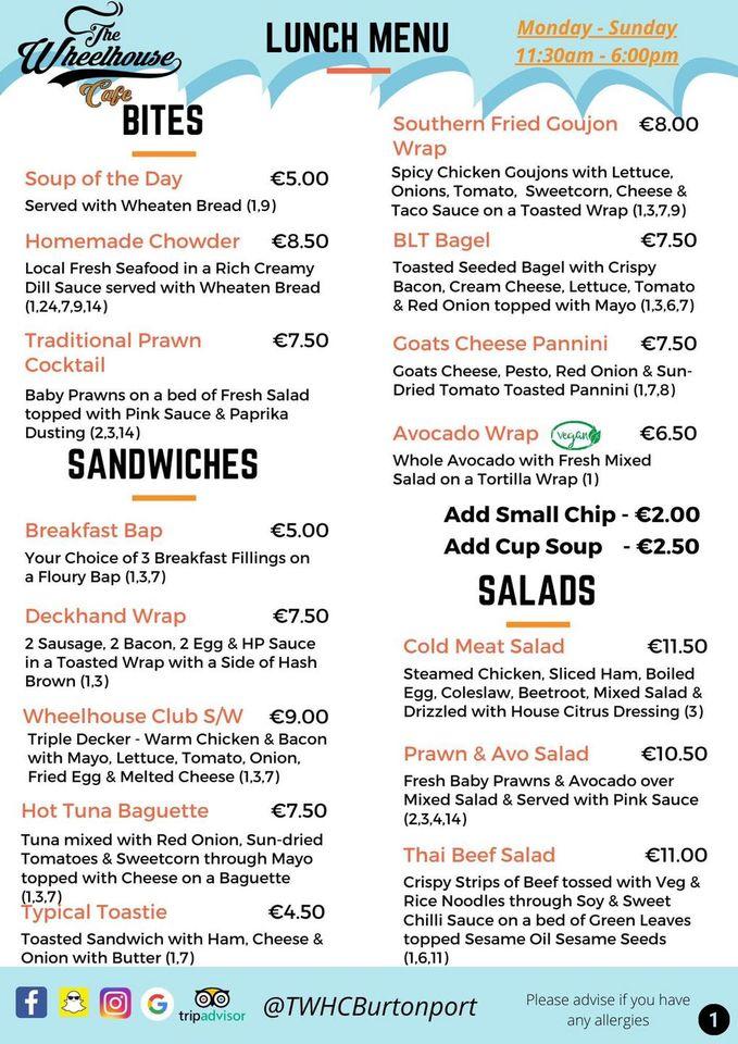 Menu at The Wheelhouse Cafe, Burtonport
