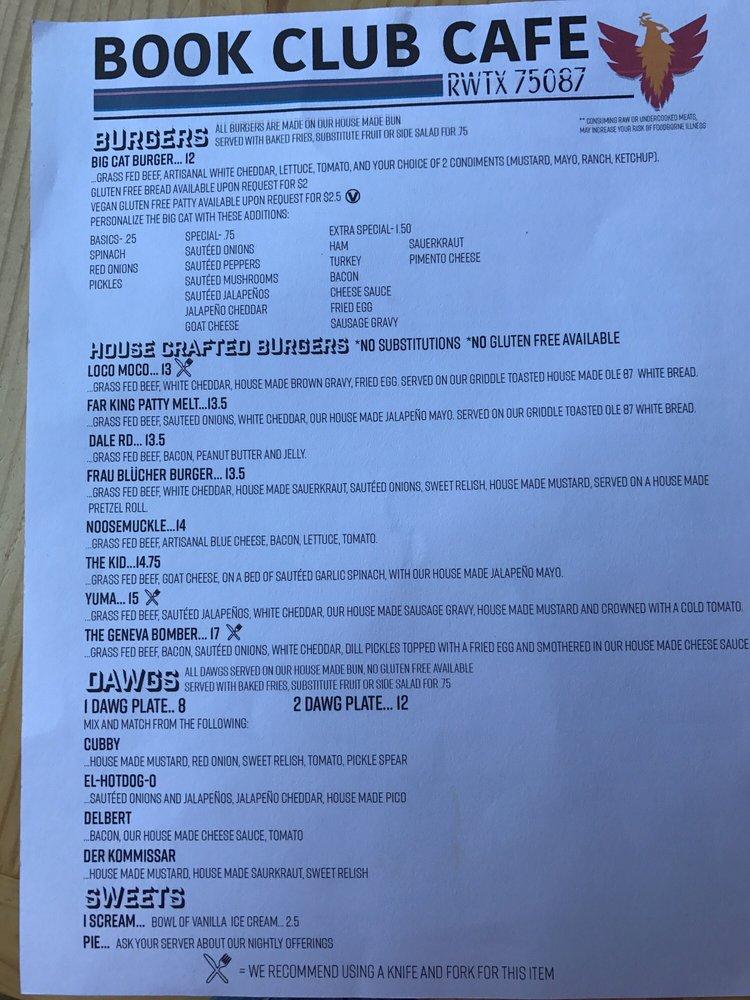 Menu at Book Club Cafe, Rockwall