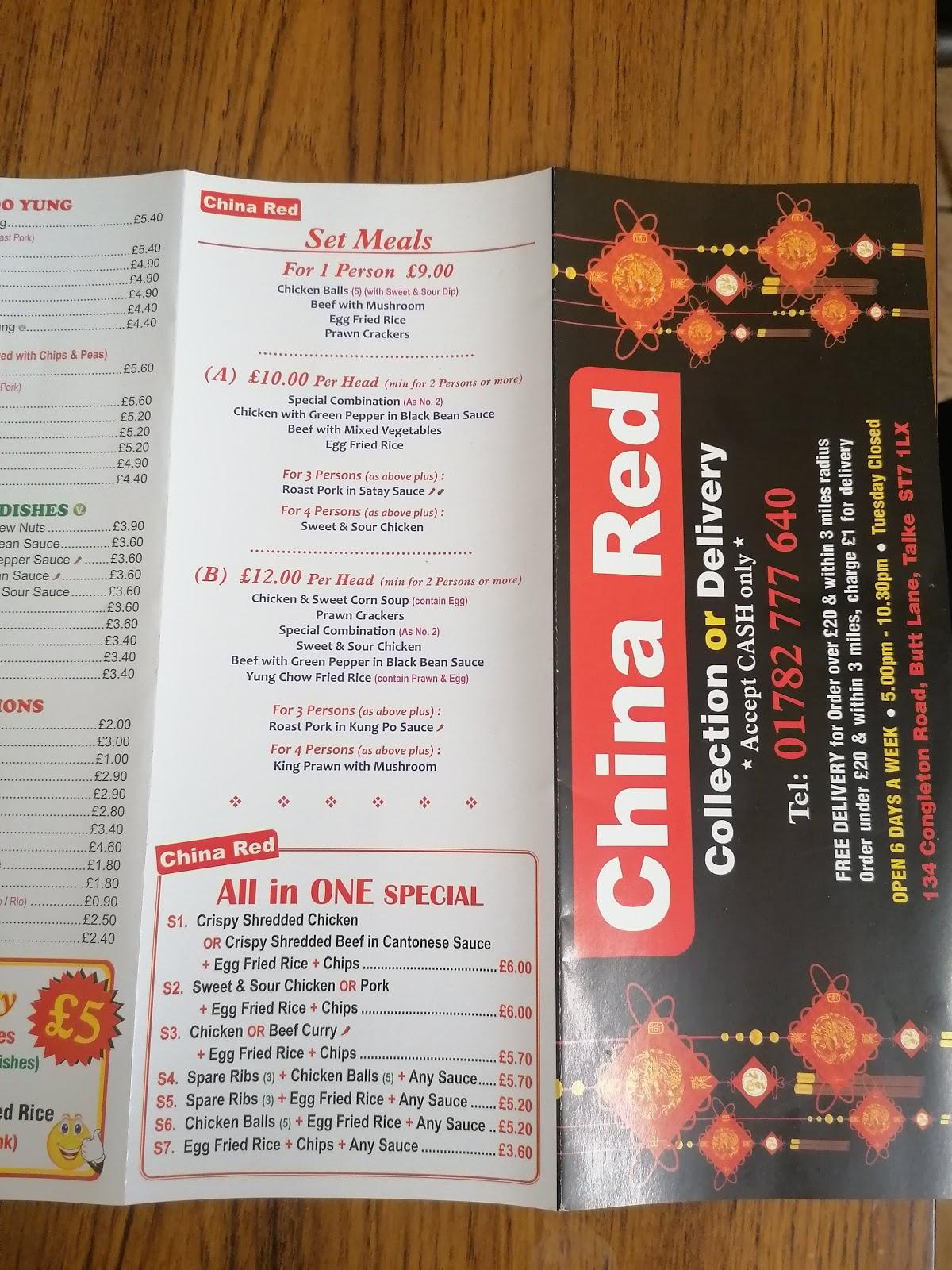 Menu at China Red restaurant, Stoke-on-Trent