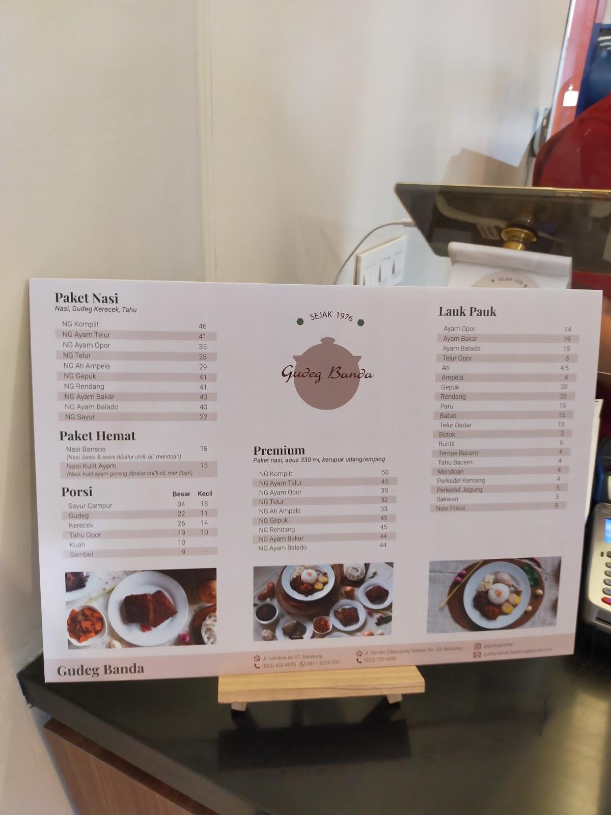 Menu at Gudeg Banda Campur restaurant, Bandung