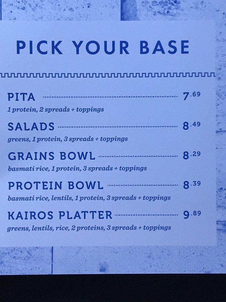 Menu at Kairos Mediterranean restaurant, Charleston, 975 Savannah Hwy