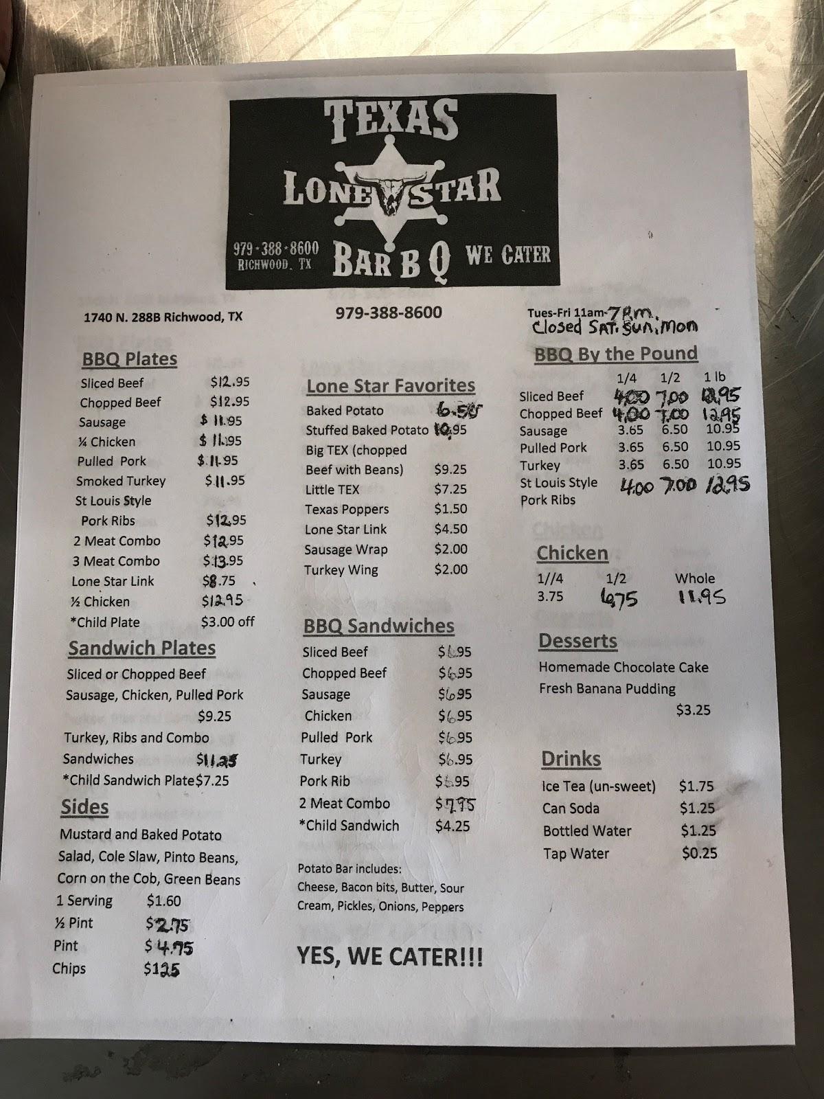 Menu at Lonestar Barbeque, Richwood
