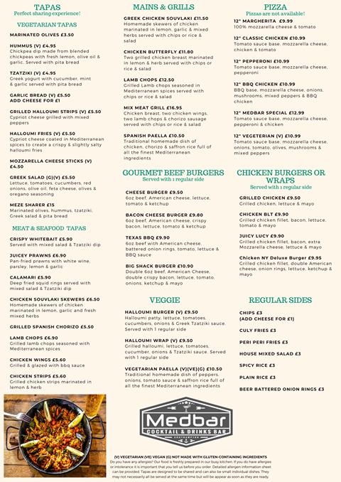 Menu at Medbar Hythe, Southampton
