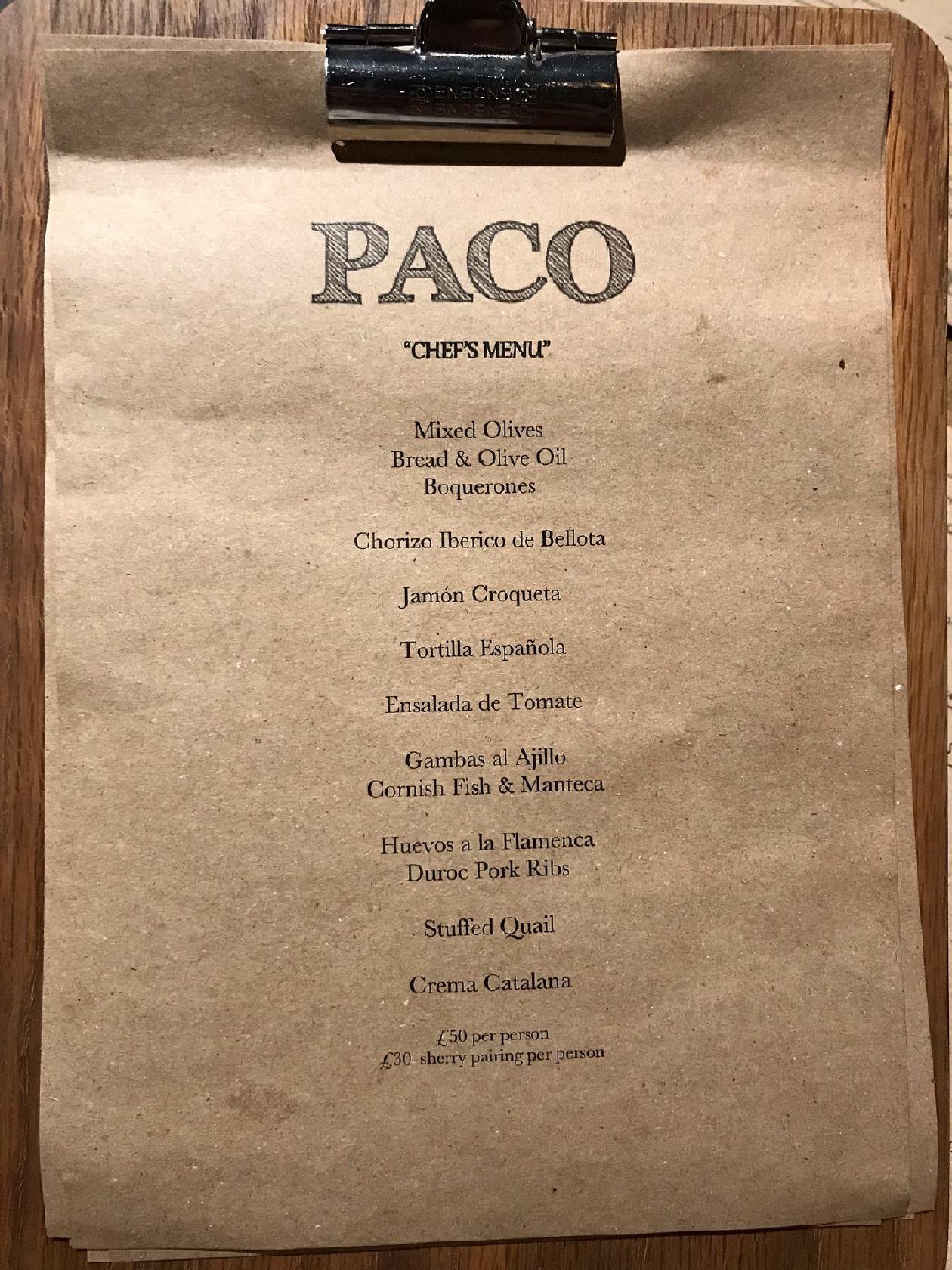 Menu at Paco Tapas pub & bar, Bristol