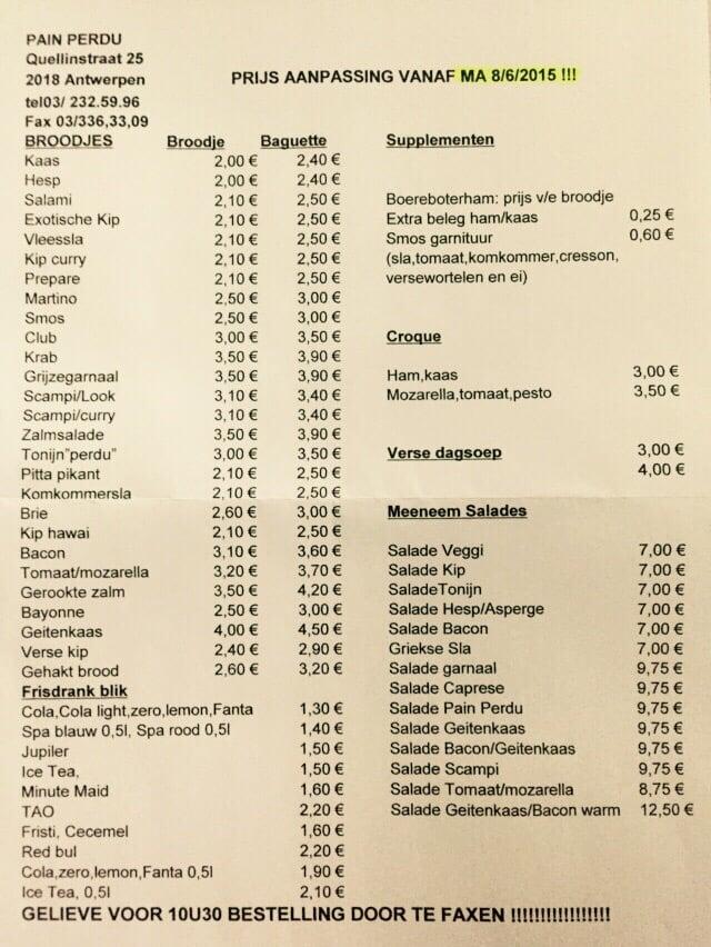 Menu at Pain Perdu, Antwerp