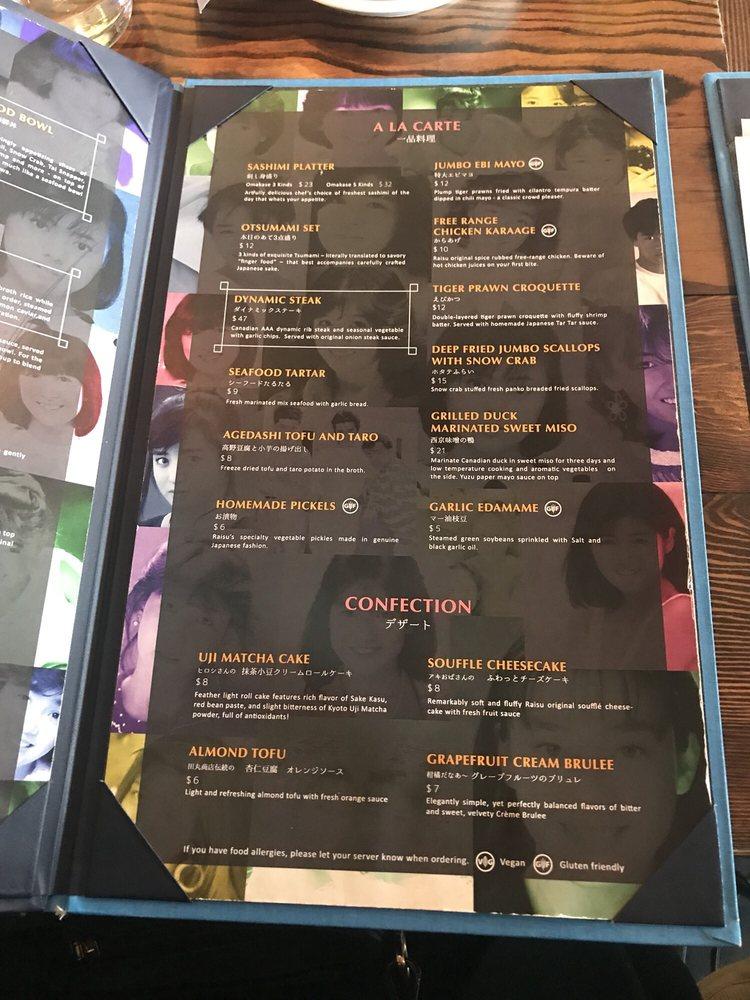 Menu at Raisu restaurant, Vancouver