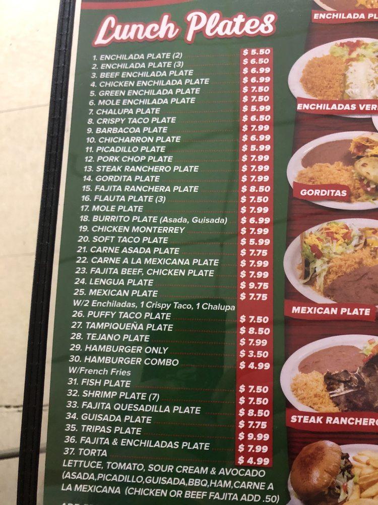 Menu at Reyna's Taqueria restaurant, San Antonio, S Hackberry