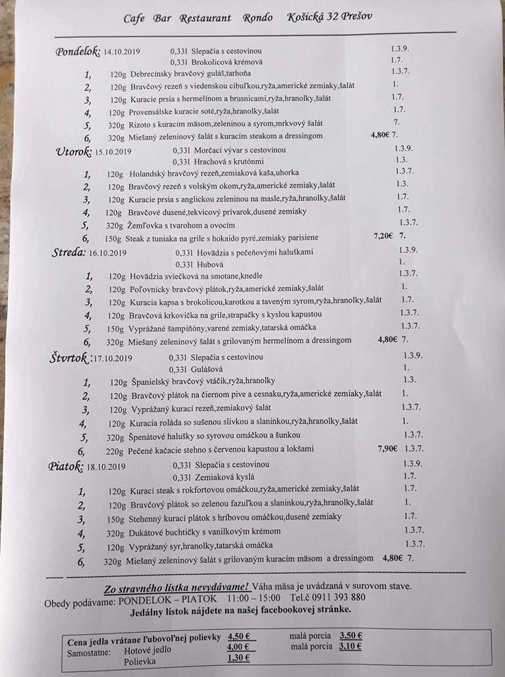 Menu at Rondo restaurant, Prešov