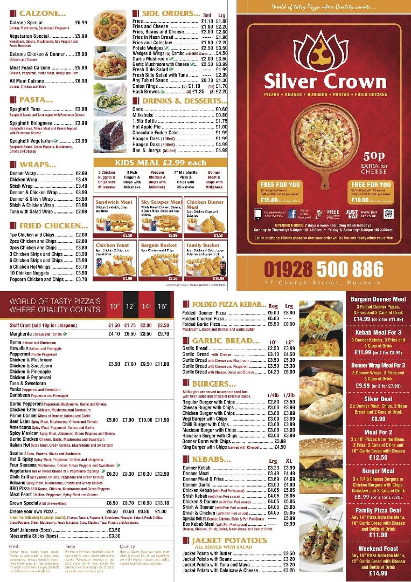 Menu at Silver Crown Pizza Runcorn fast food, Runcorn