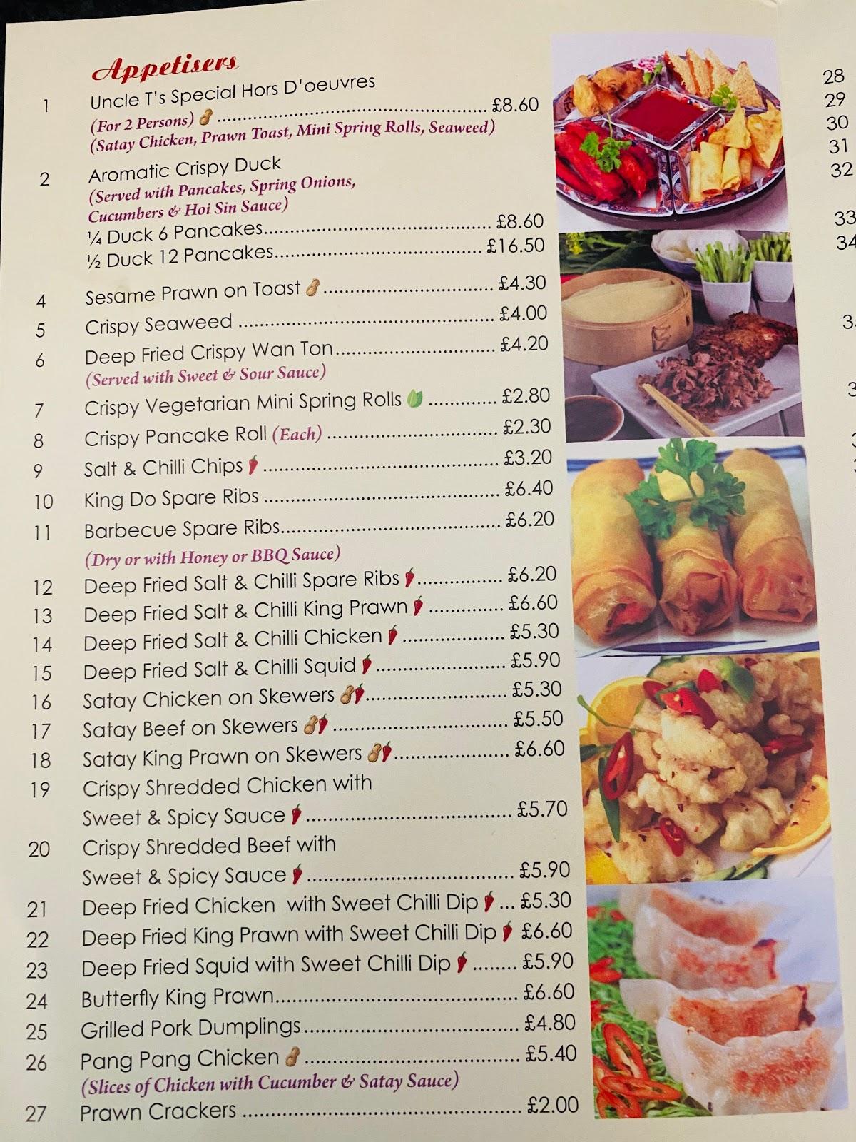 Menu at Uncle T's restaurant, Horsham