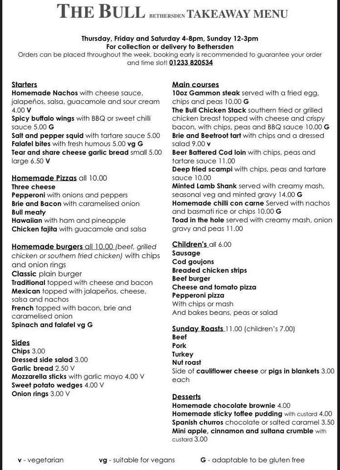 Menu at Bull Inn pub & bar, Bethersden