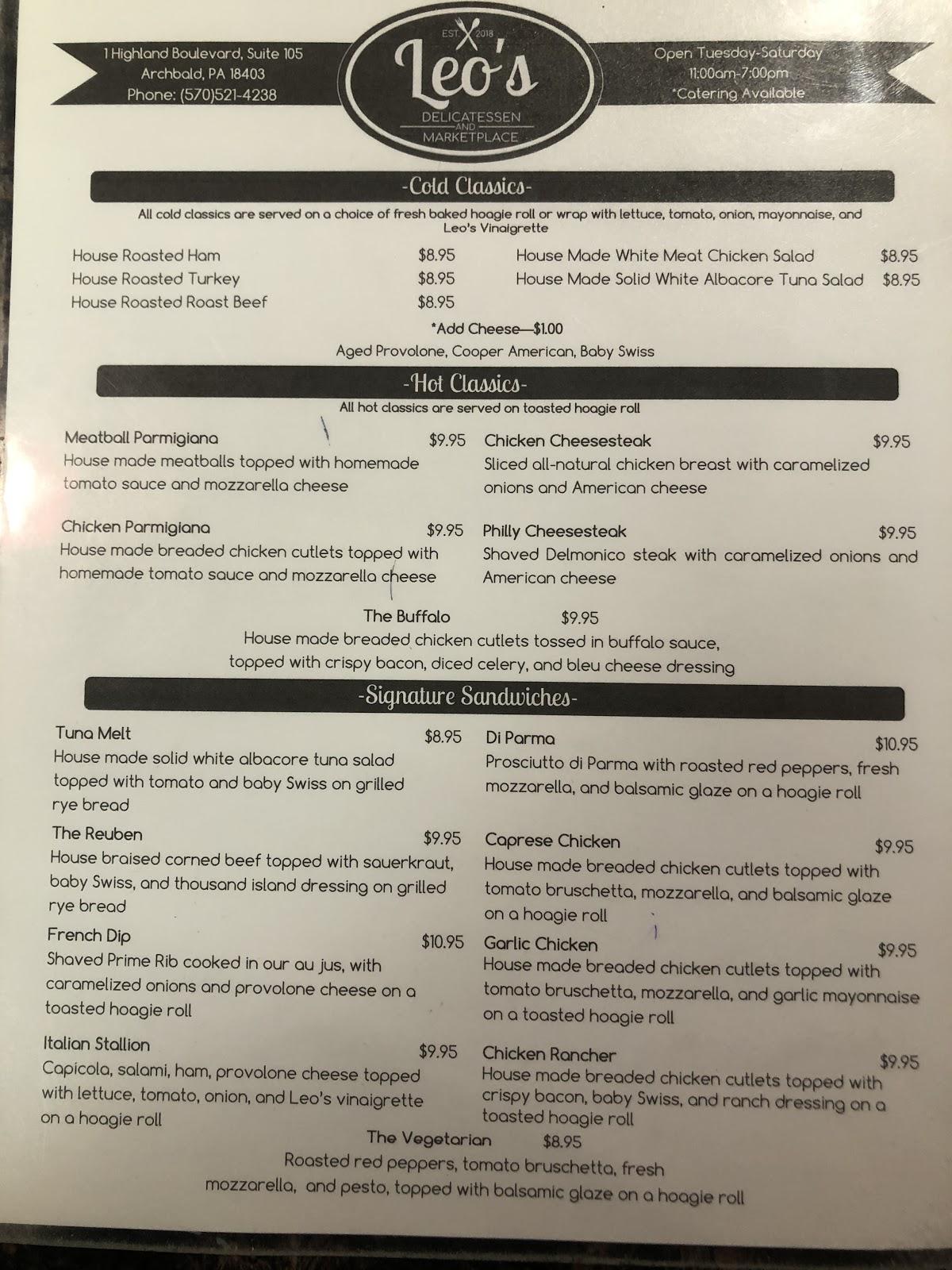 Menu at Leo's Delicatessen and Marketplace restaurant, Archbald