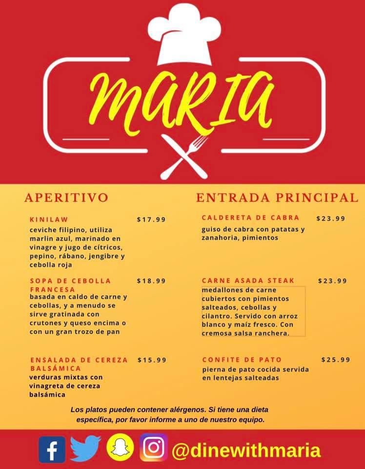 Menu at Maria restaurant, Toronto, 274 Wilson Avenue