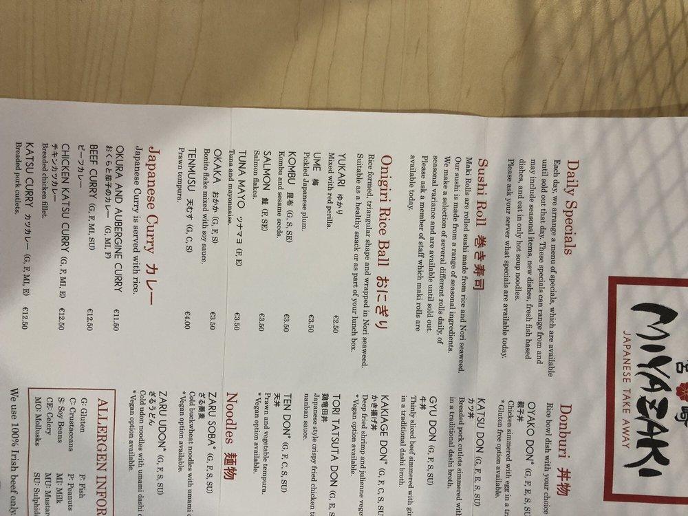 Menu at Miyazaki Japanese Take Away restaurant, Cork