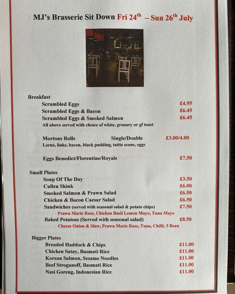 Menu at MJ's Brasserie restaurant, Glasgow