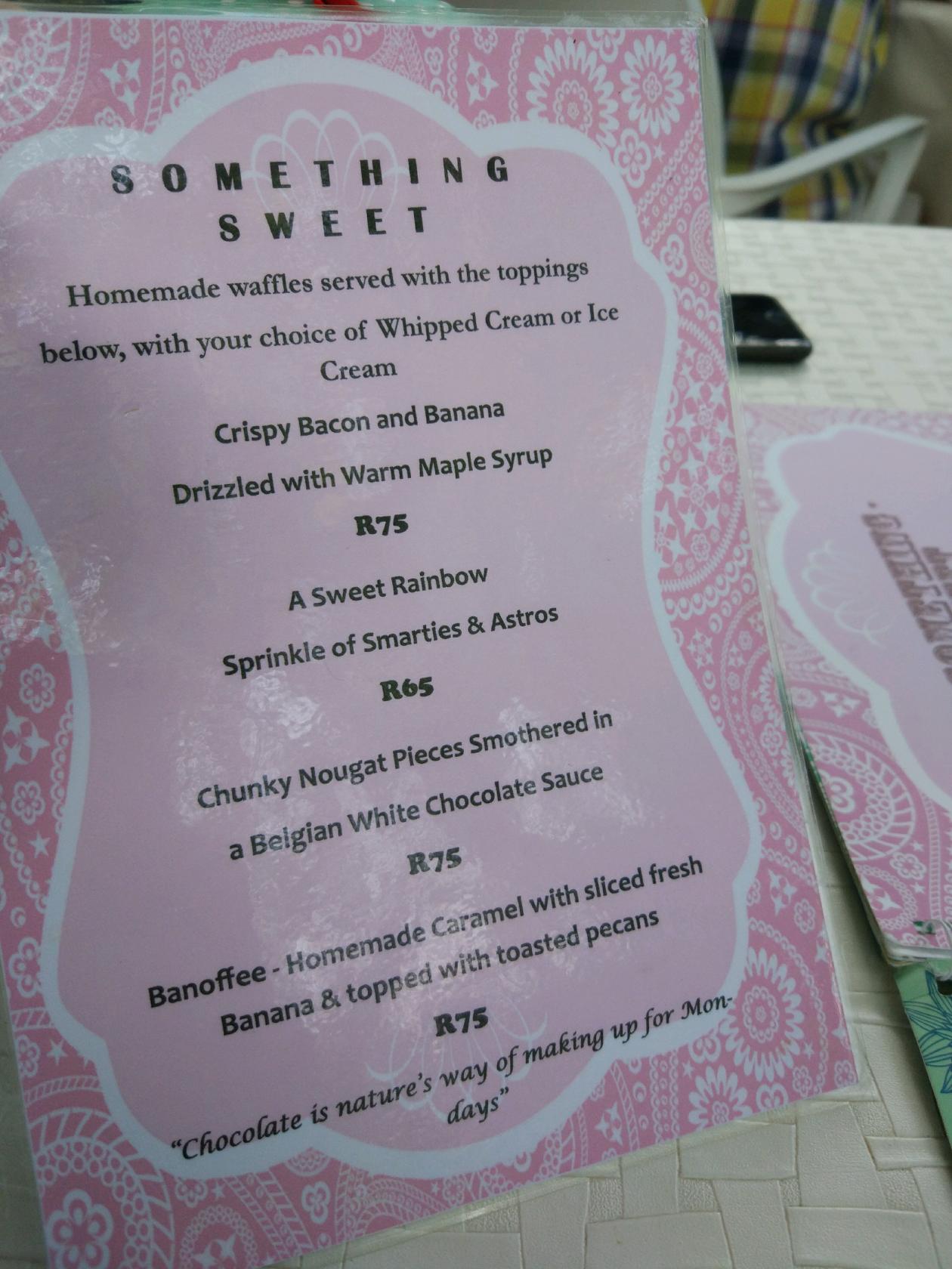 Menu at The Waterberry Coffee Shop cafe, Dolphin Coast