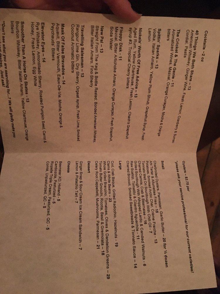 Menu at Bar Kismet, Halifax