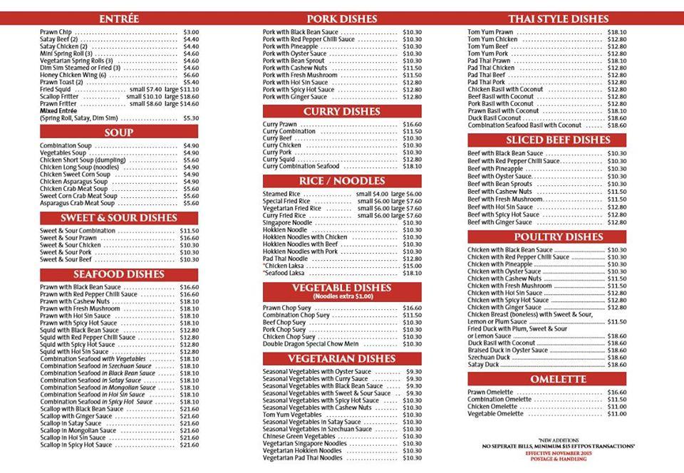 Menu at Double Dragon Chinese Restaurant, Aberfoyle Park