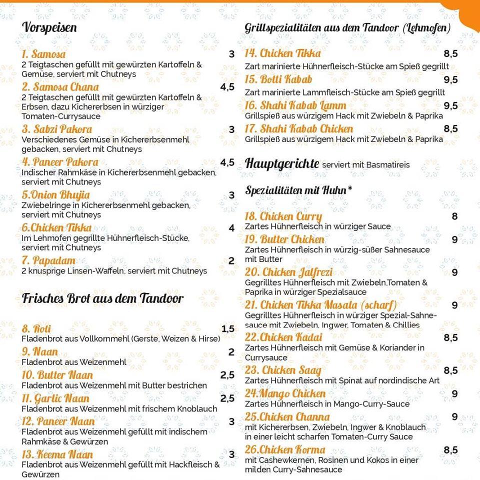 Menu at Tandoori Imbiss restaurant, Cologne
