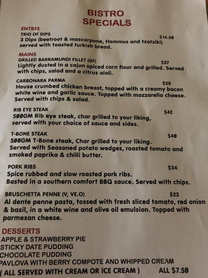 Menu at TAB Magpie & Stump Hotel pub & bar, Wandong