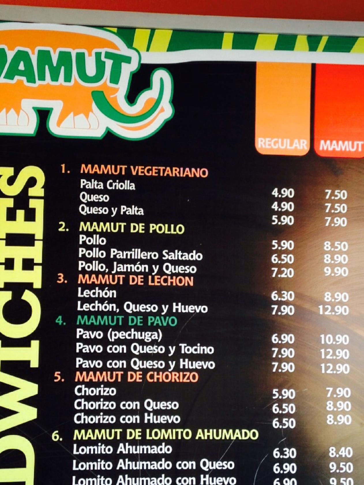 Menu at Mamut Cayma restaurant, Arequipa