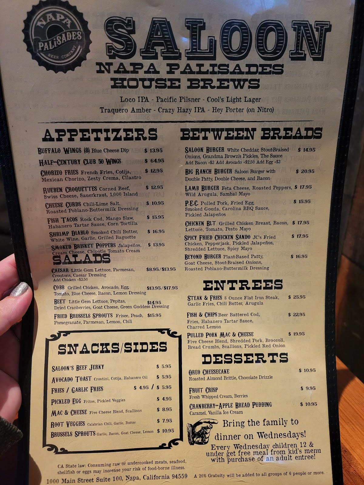 Menu at Napa Palisades Saloon pub & bar, Napa, Main St #100