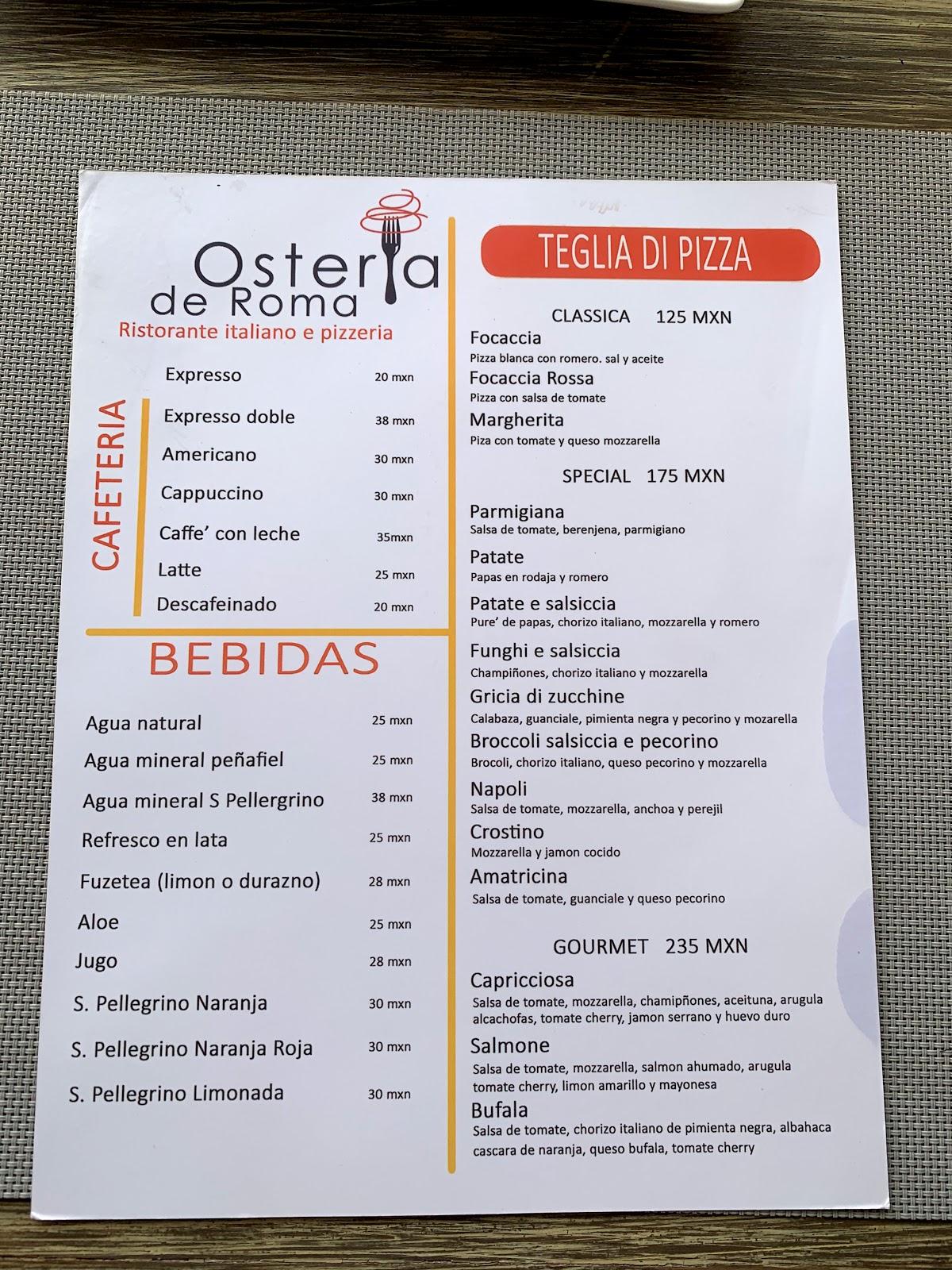 Menu at Osteria de Roma restaurant, Playa del Carmen