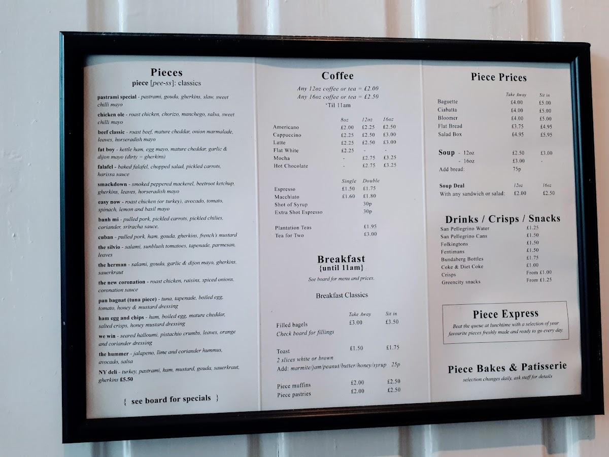 Menu at Piece cafe, Glasgow, Argyle St