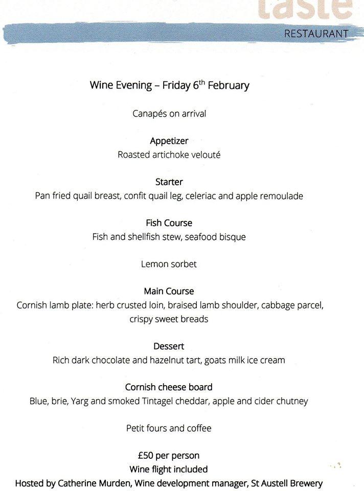 Menu at Taste Restaurant, Saint Agnes, 40 Vicarage Rd