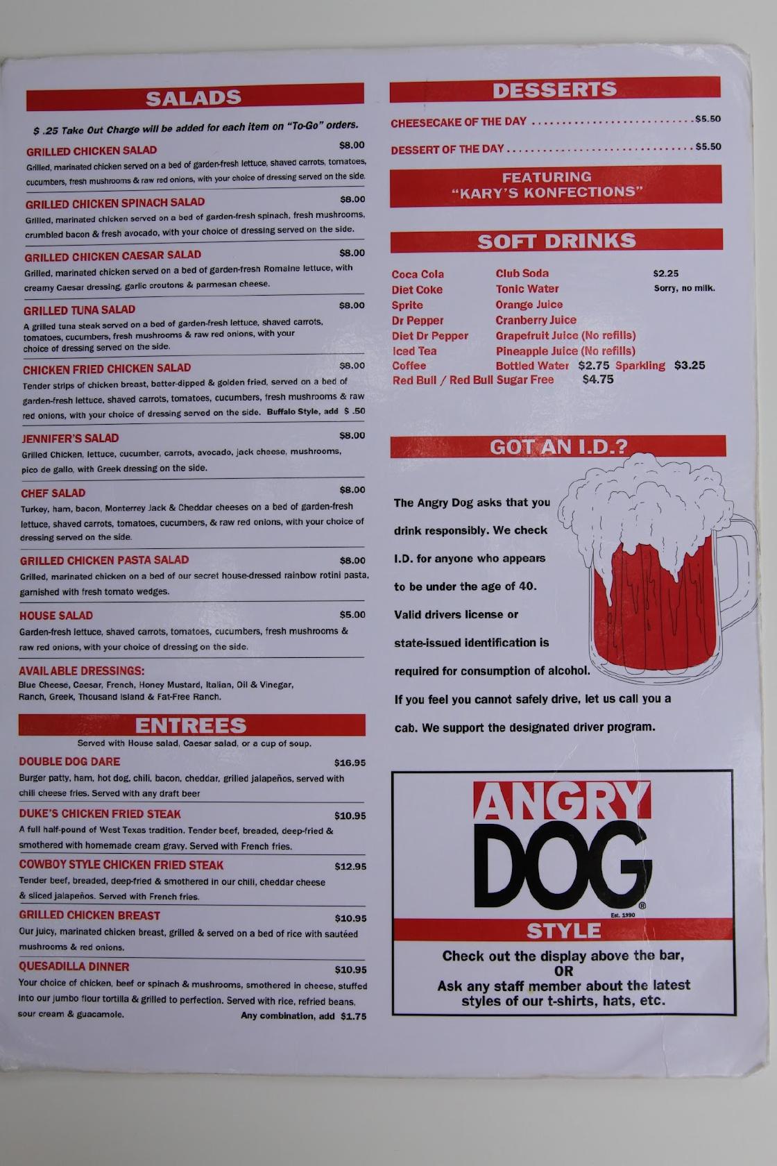Menu at Angry Dog pub & bar, Dallas
