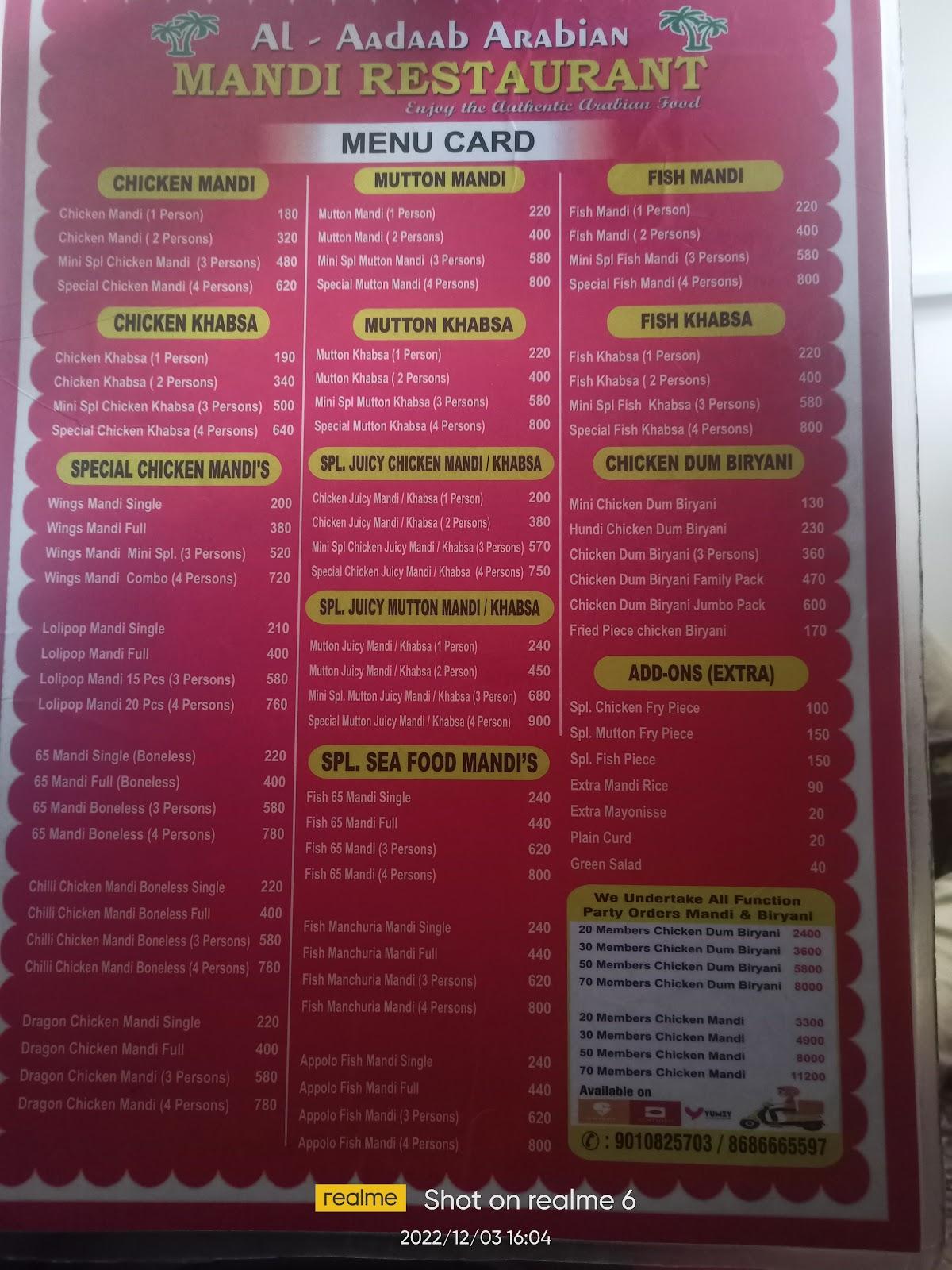 Menu at Al Aadaab Arabian mandi Restaurant, Hyderabad