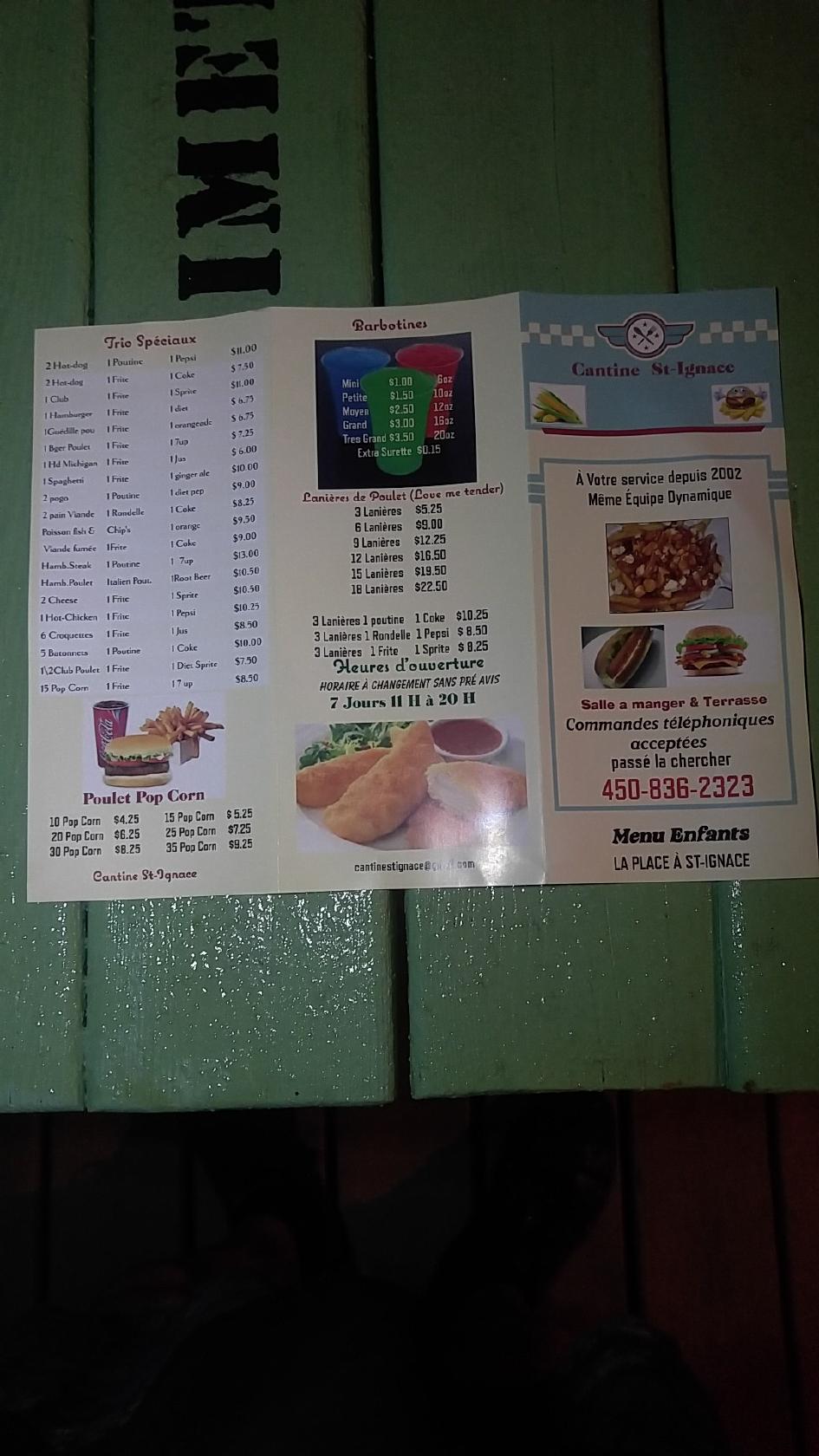 Menu at Casse Croute St-Ignace restaurant, Saint-Ignace-de-Loyola