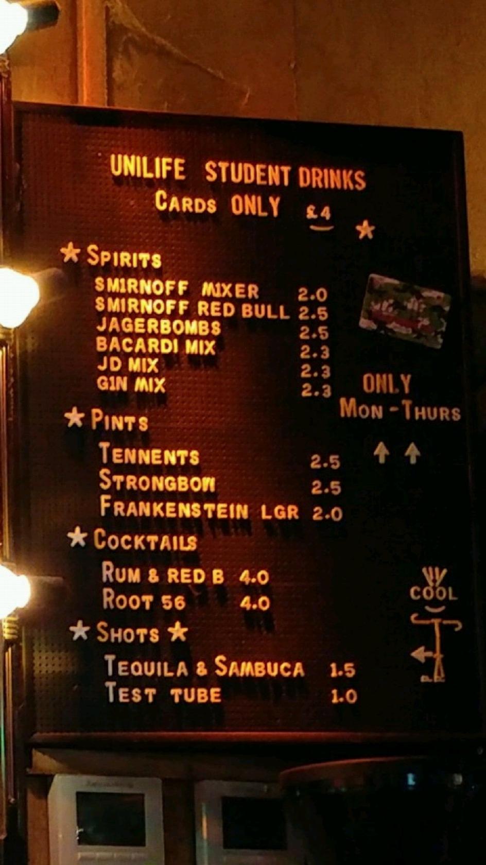 Menu at Frankenstein pub & bar, Edinburgh