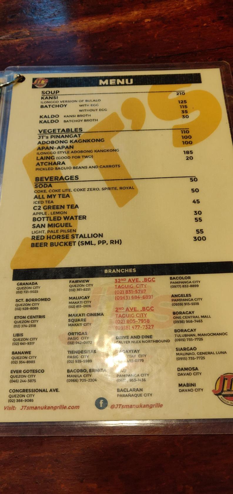 Menu at JT's Manukan Grille 2nd Ave restaurant, Taguig
