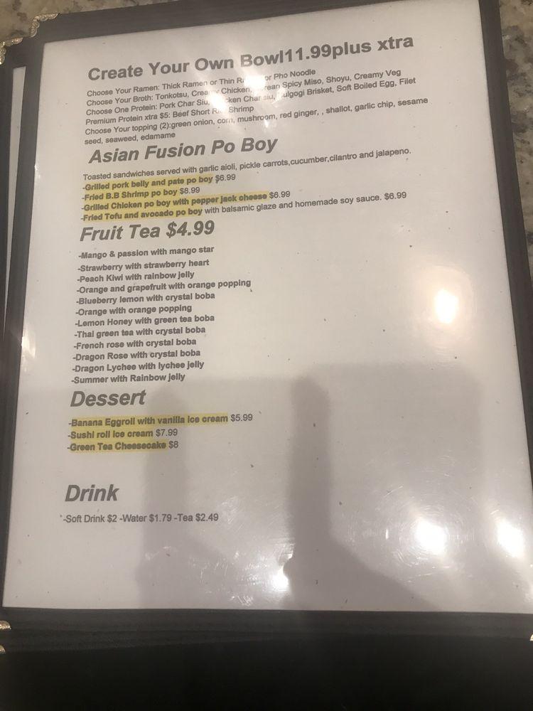 Menu at Journey Ramen restaurant, Mandeville