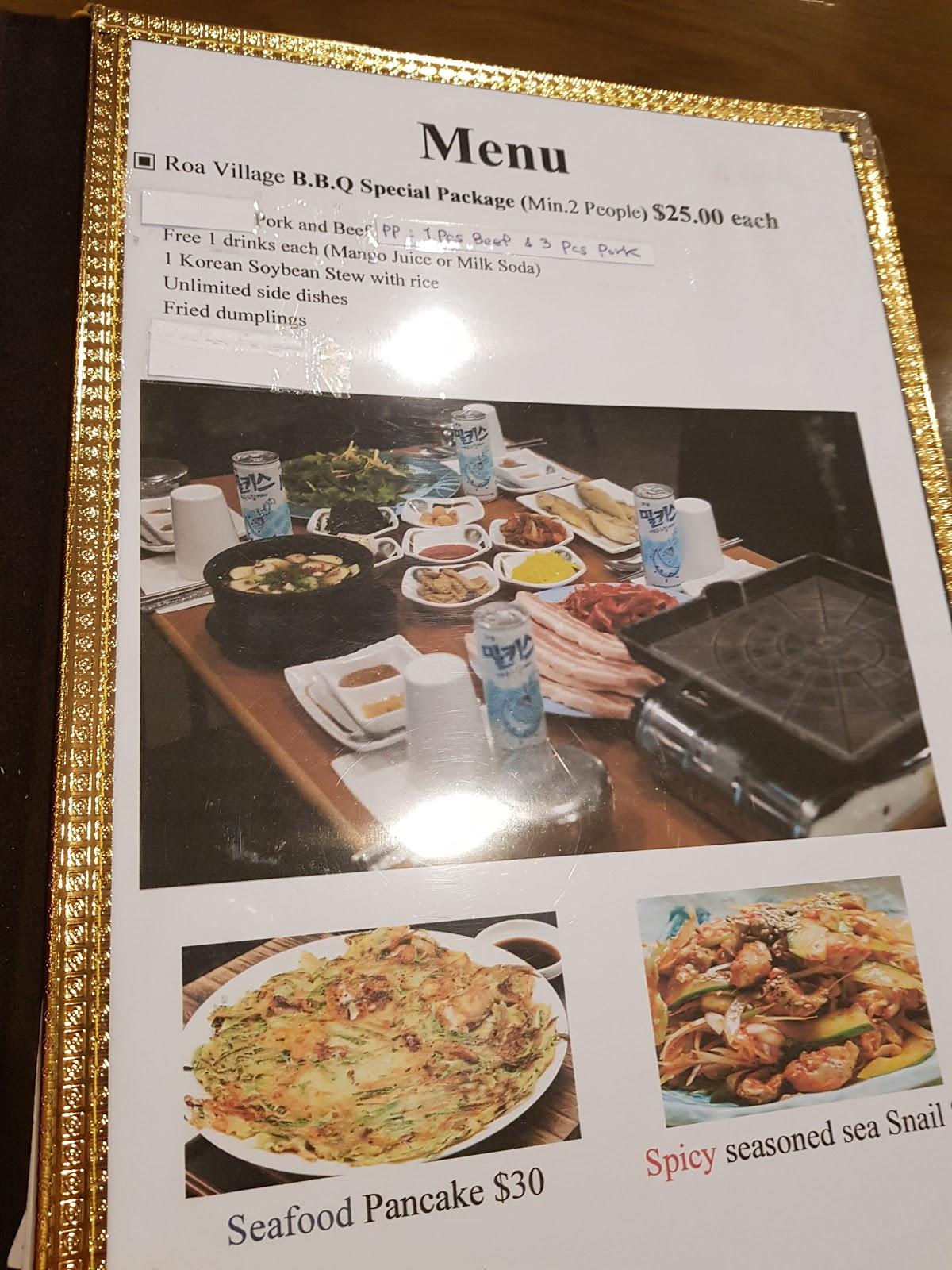Menu at Roavillage restaurant, Rotorua
