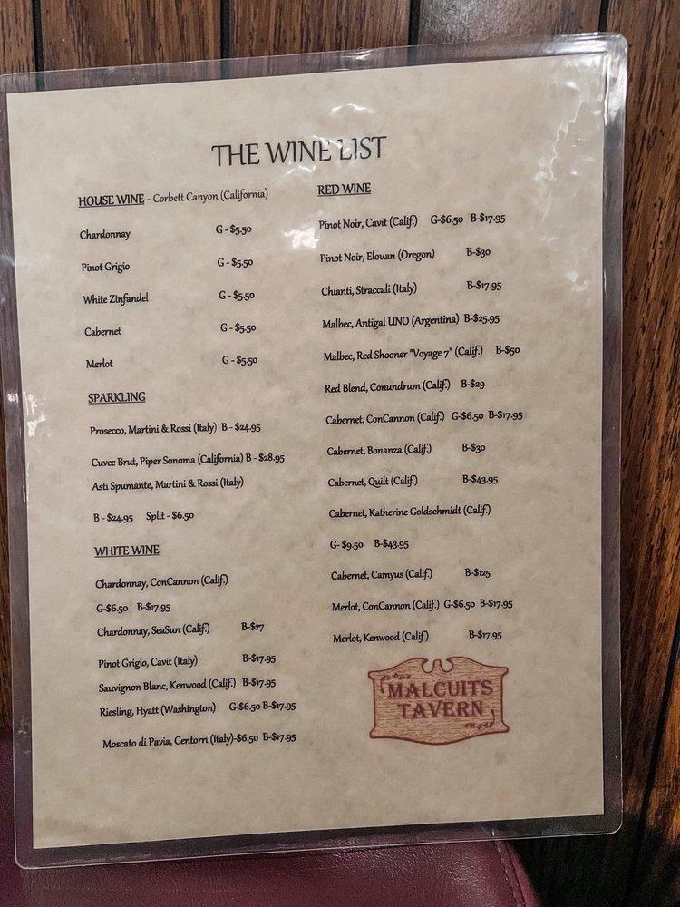 Menu at Malcuit's Tavern pub & bar, Strasburg