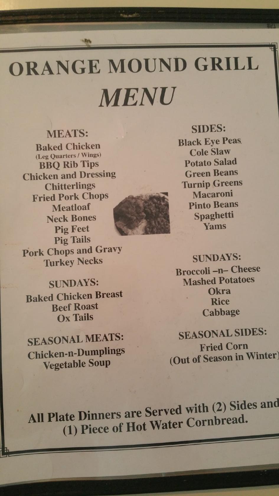 Menu at Orange Mound Grill restaurant, Memphis