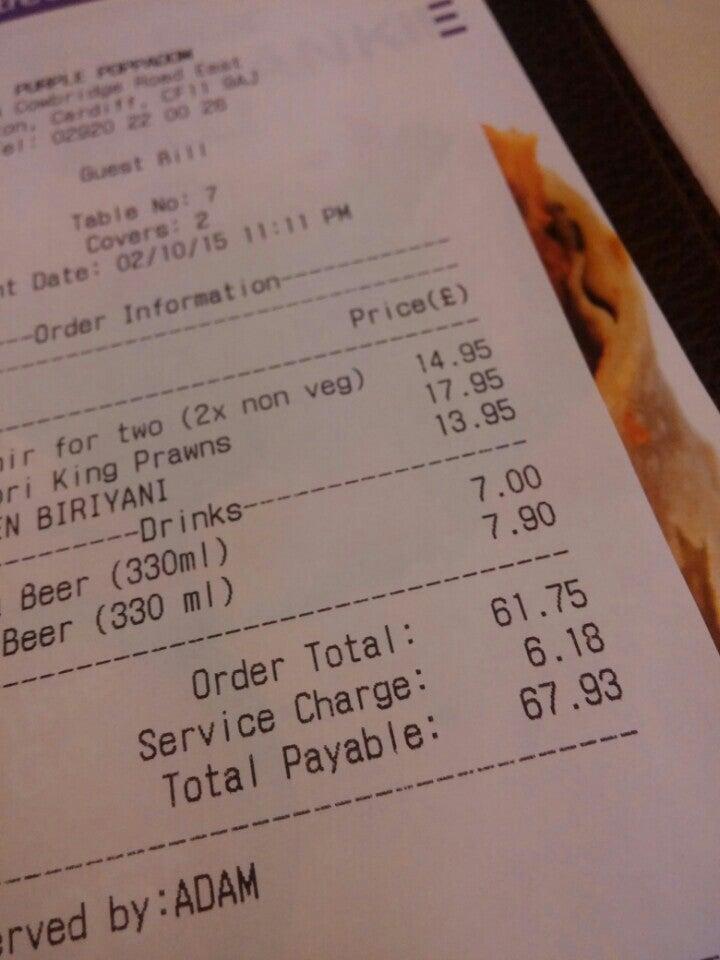Menu at Purple Poppadom restaurant, Cardiff