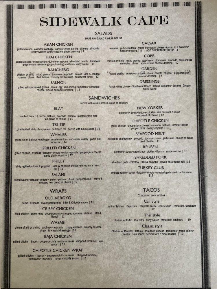 Menu at Sidewalk Café restaurant, Arroyo Grande, 130 W Branch St ste a
