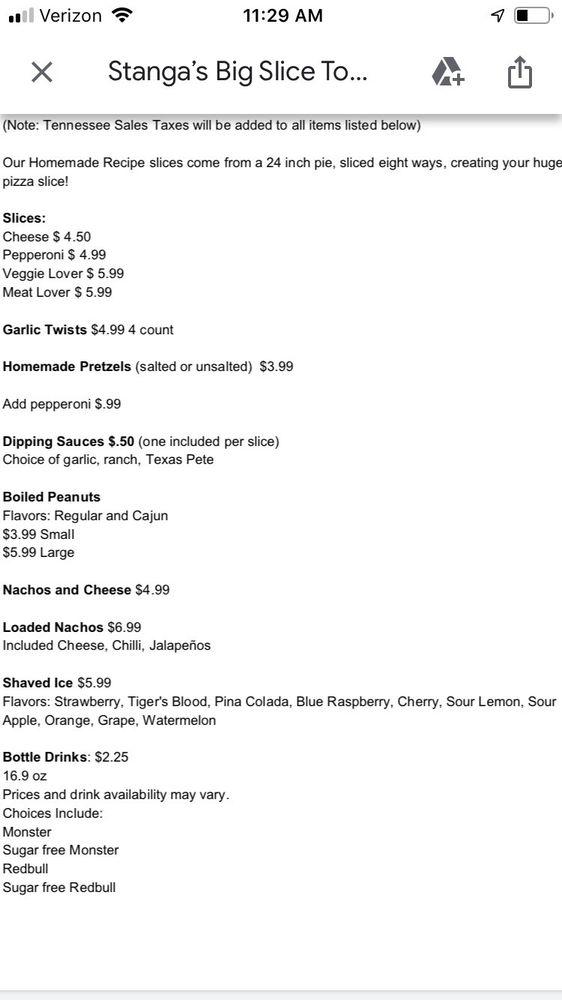 Menu at Stangas Big Slice pizzeria, Gatlinburg