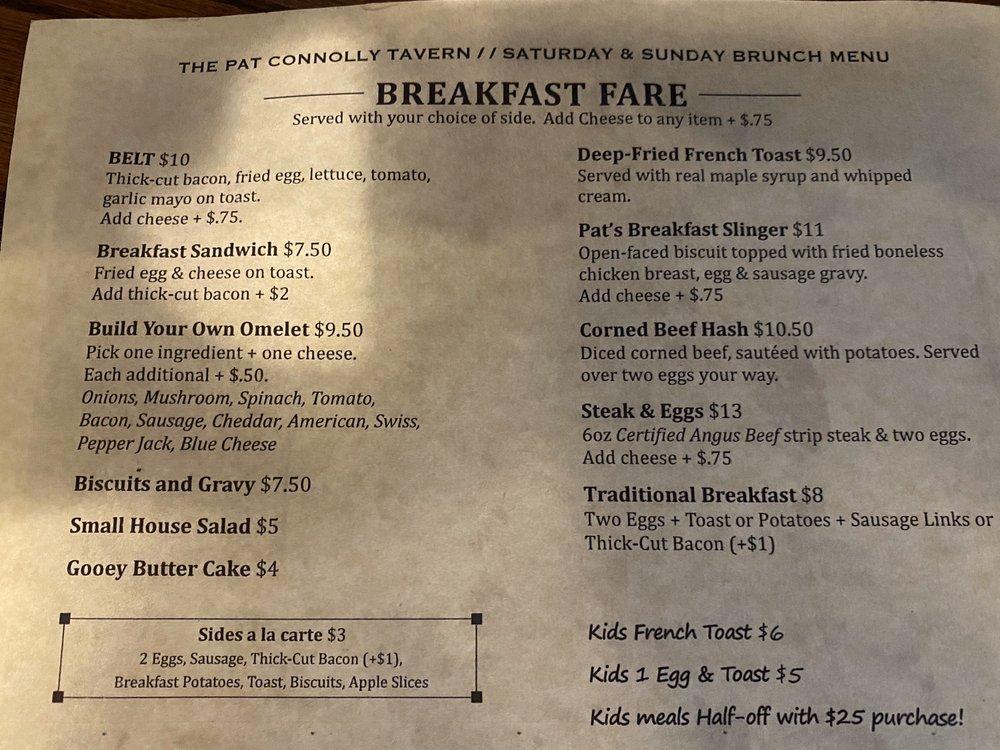 Menu at The Pat Connolly Tavern pub & bar, St. Louis