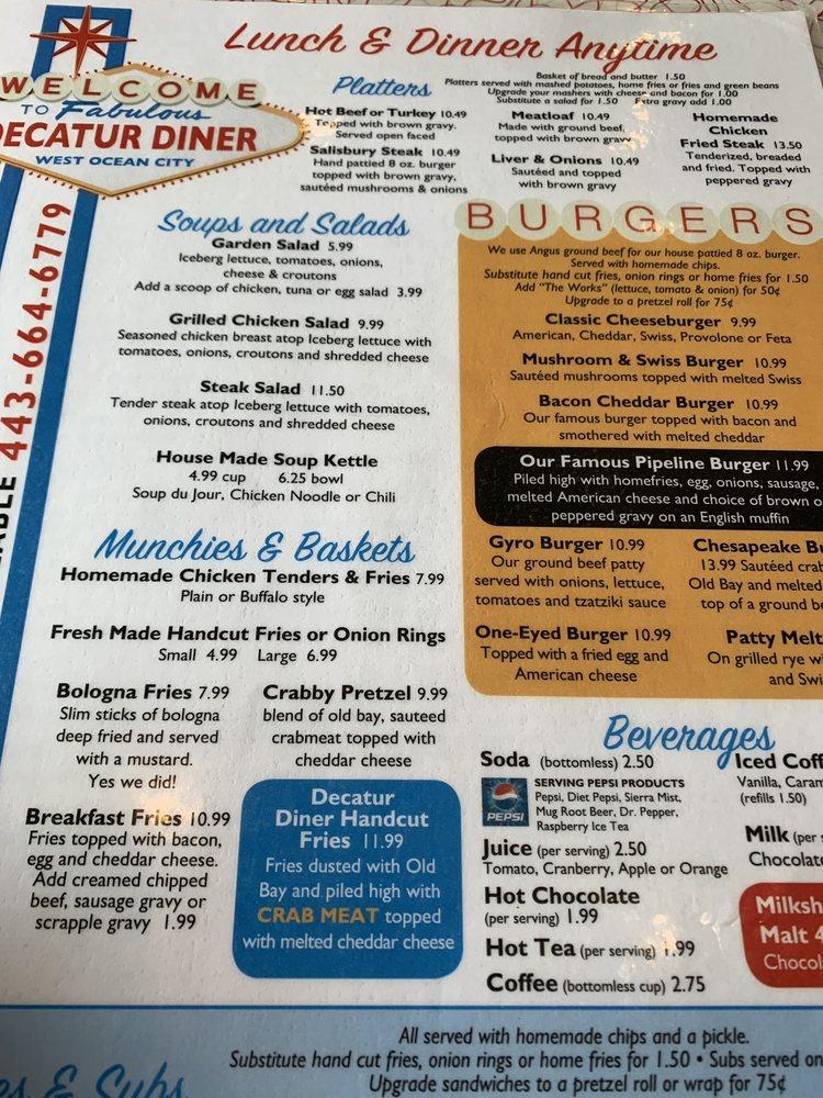 Menu at Decatur Diner restaurant, West Ocean City