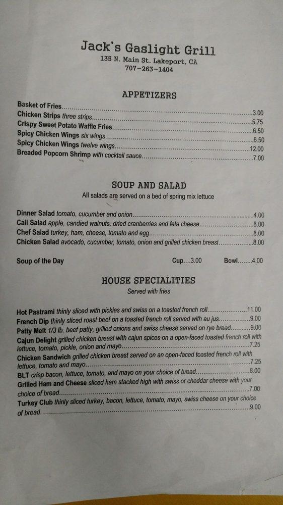 Menu at Gaslight Grill restaurant, Lakeport
